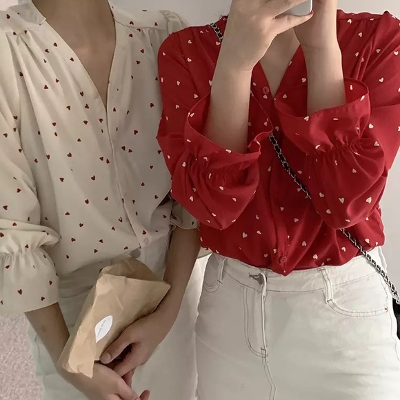 Tops | Heart Blouse Red Bell Sleeve Button Chic Womens | Poshmark